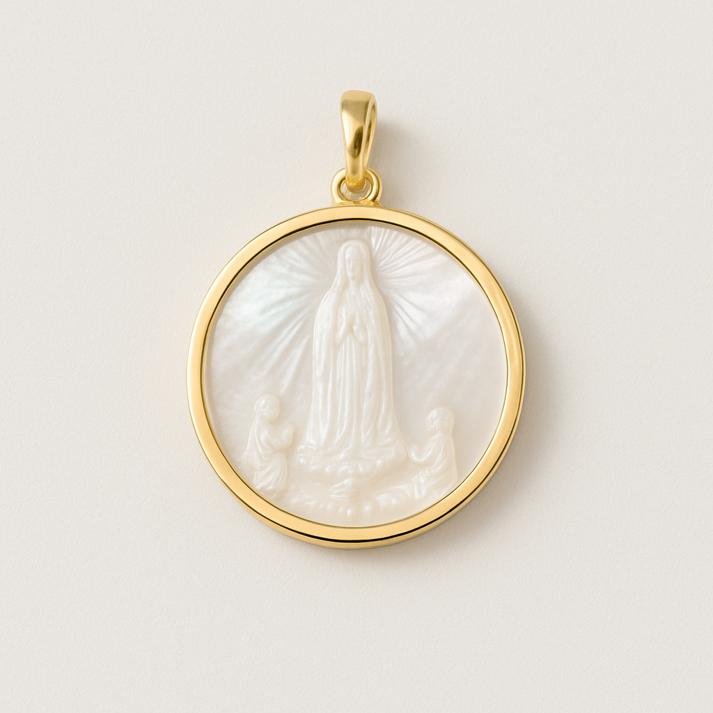 Bezeled Mother of Pearl Fatima Medal Pendant in 14K Gold– VaskiaJewelry
